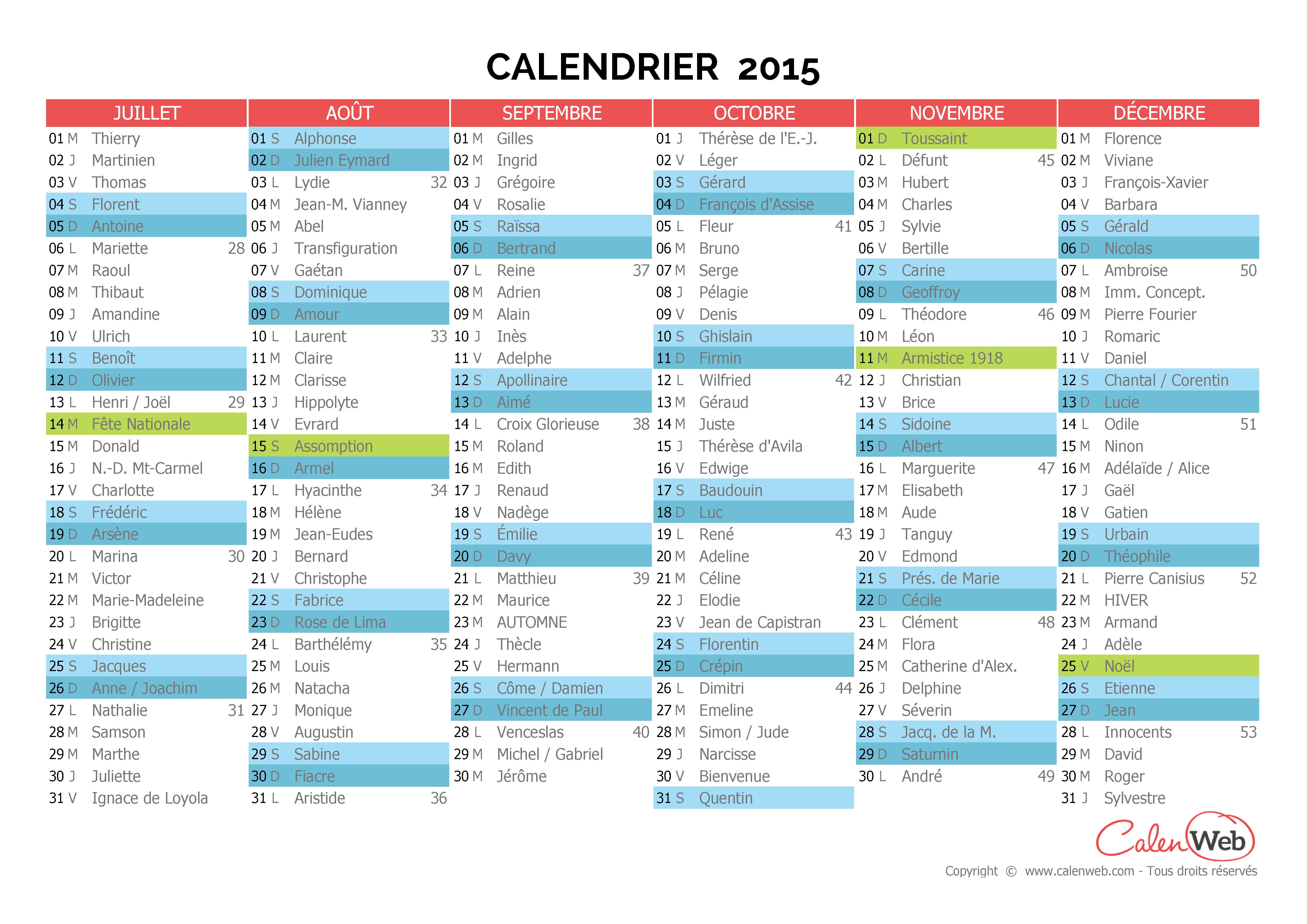 Calendrier semestriel - Année 2015 avec affichage des jours fériés et ...
