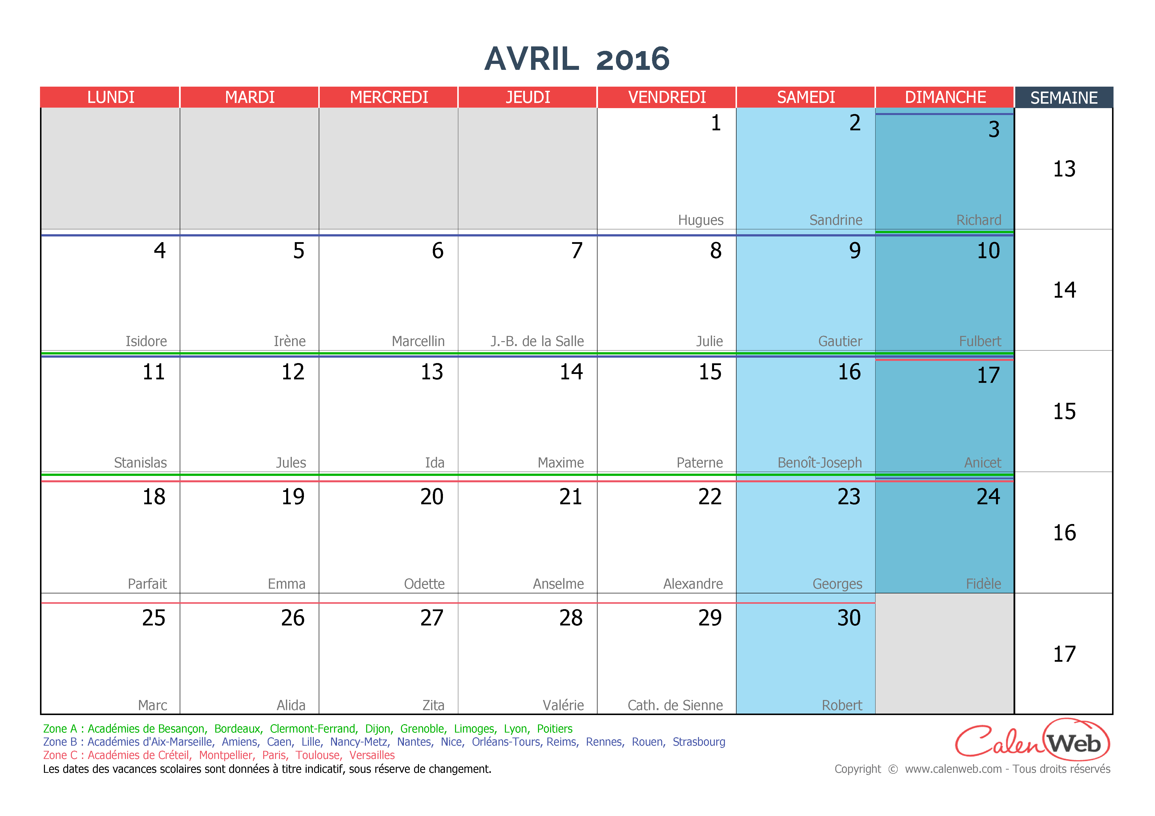 Calendrier avril 2016