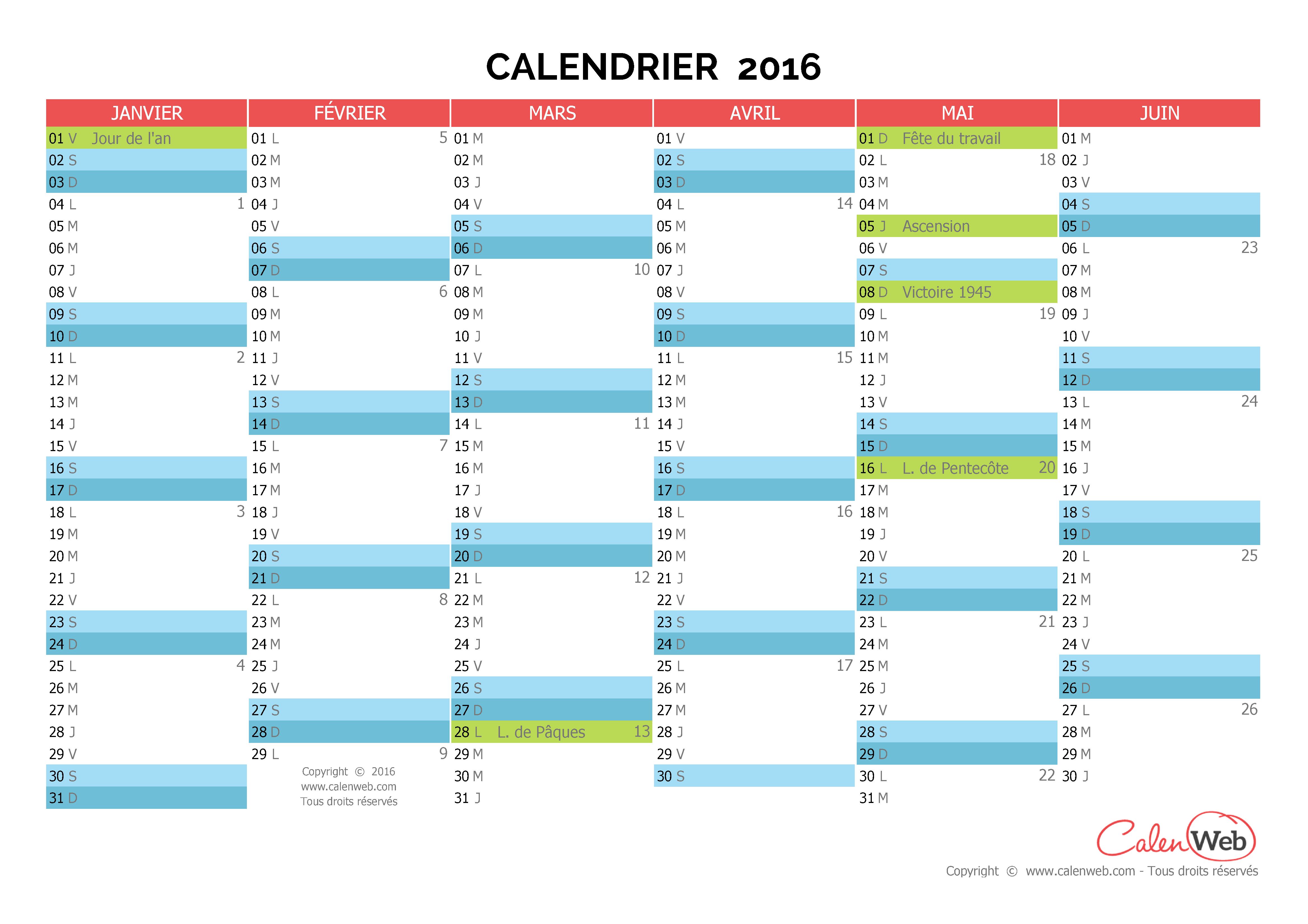 Calendriers semestriels - Calenweb.com